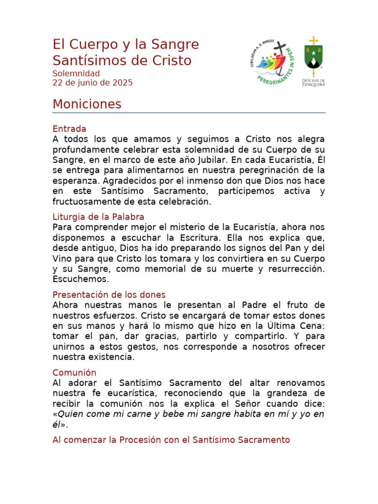 Solemnidad del Cuerpo y la Sangre Santísimos de Cristo Ciclo C 2025 MOF | PDF | eucaristía ...