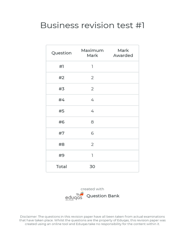 Eduqas Business Revision Test 1 | PDF