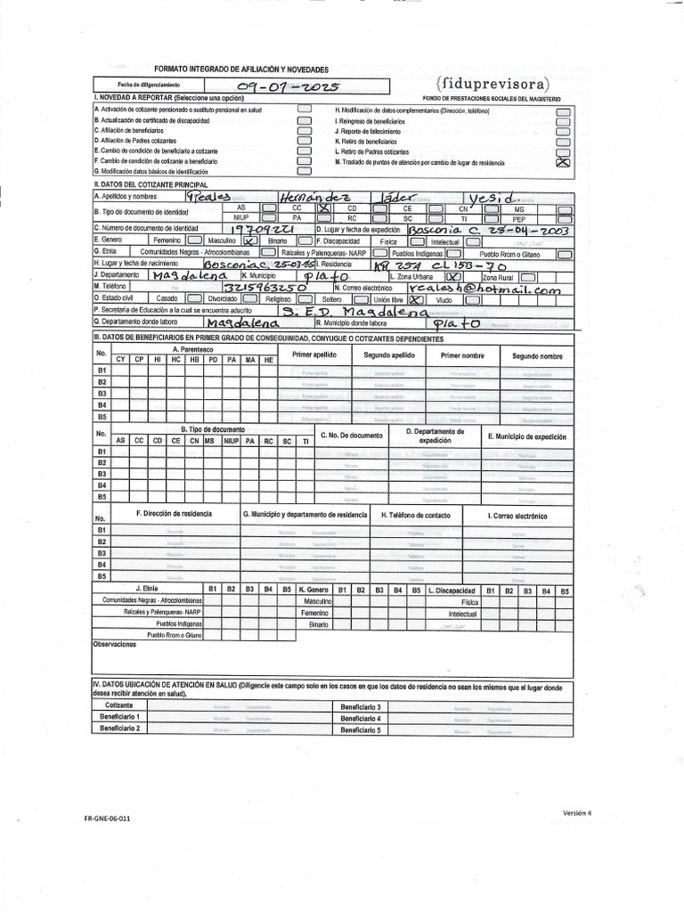 Formulario de Integración de Afiliación y Novedades. UNIMAP | PDF