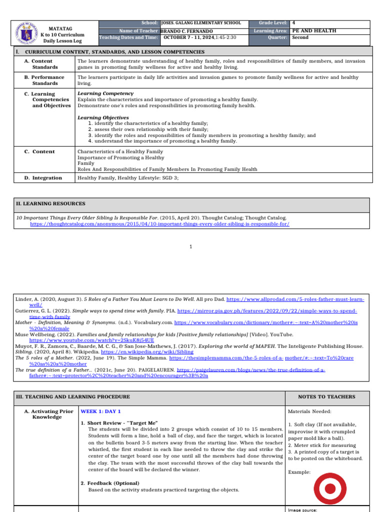 DLL Matatag - Pe & Health 4 q2 Week1-2 | PDF | Sibling | Teachers