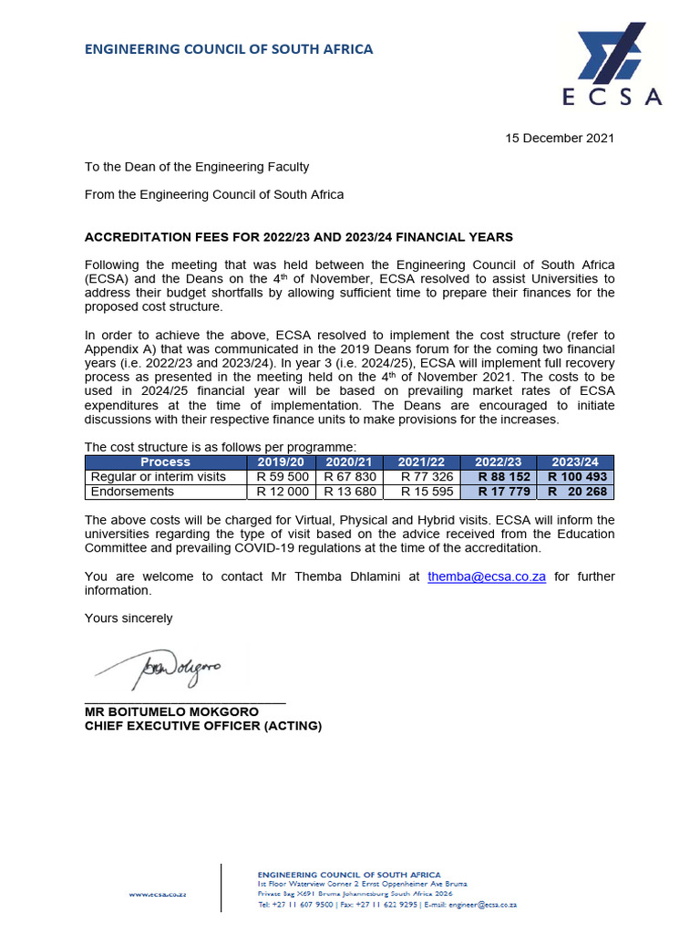 ECSA Accreditation Fees 2022-2024 | PDF