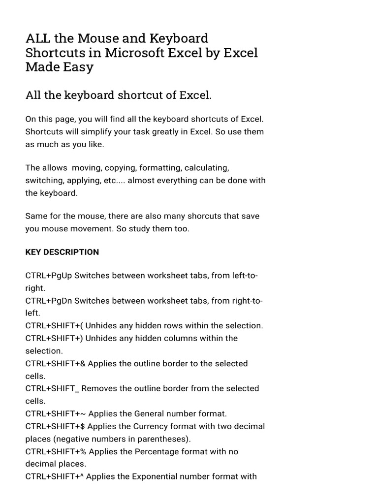 ALL The Mouse and Keyboard Shortcuts in Microsoft Excel by Excel | PDF | Microsoft Excel | Menu ...