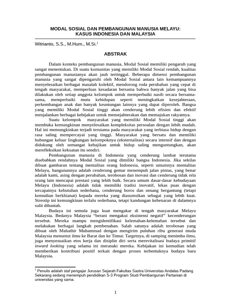 Modal Sosial dan Pembangunan Manusia Melayu | PDF