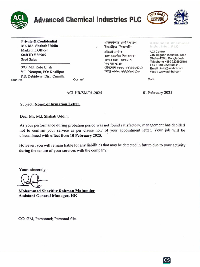 Non Confirmation Letter (36905) | PDF