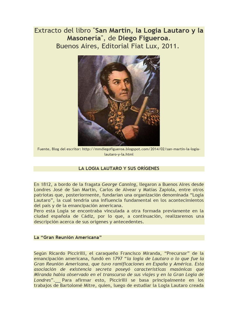 Extracto Del Libro San Martín La Logia Lautaro y La Masonería | PDF