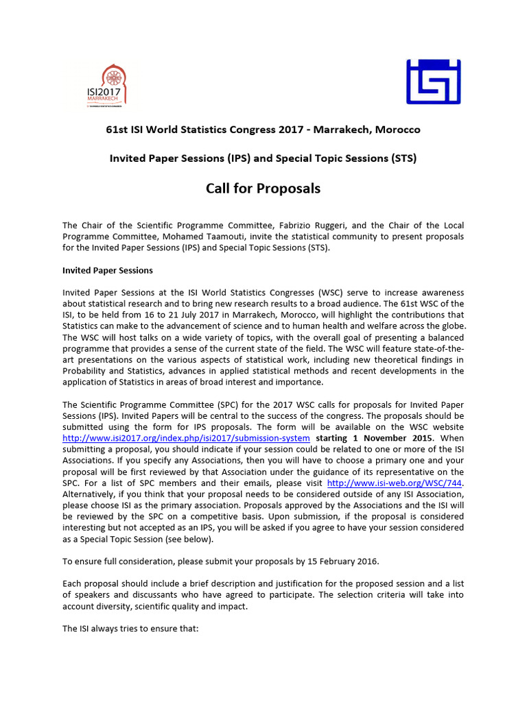 Call for Proposals: ISI WSC 2017 Sessions | PDF | Statistics | Science