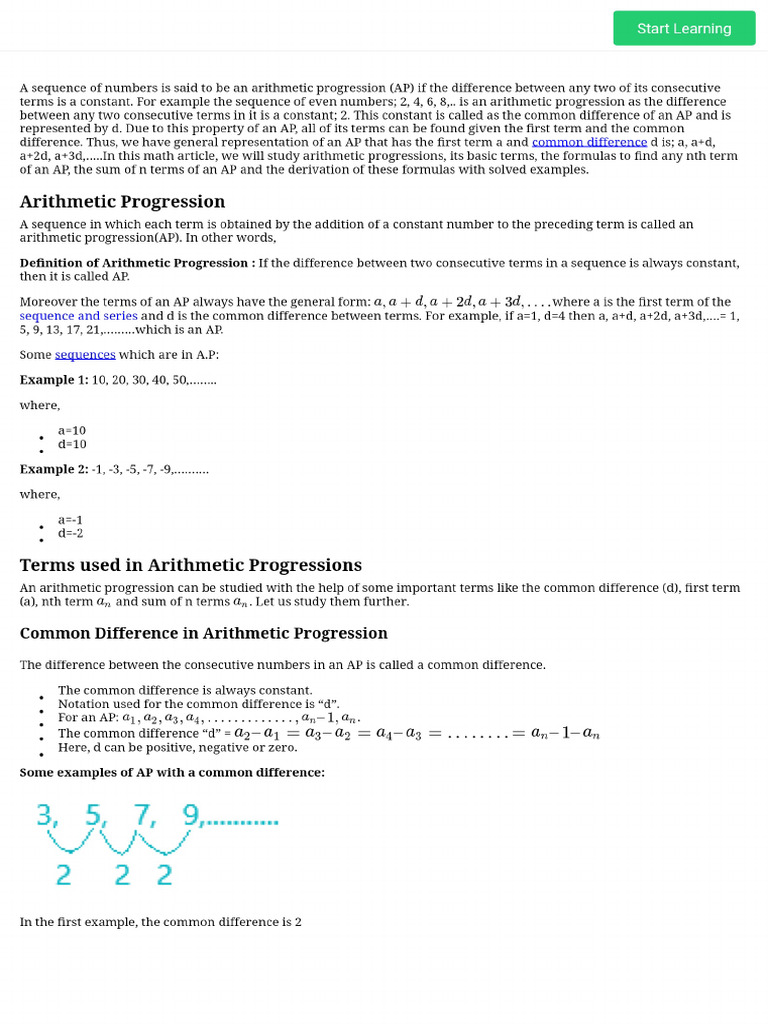 Arithmetic Progression - Learn Definition, Terms, Formulas Here | PDF