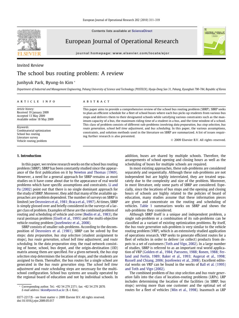 Park and Kim - 2010 - The School Bus Routing Problem A Review | PDF ...