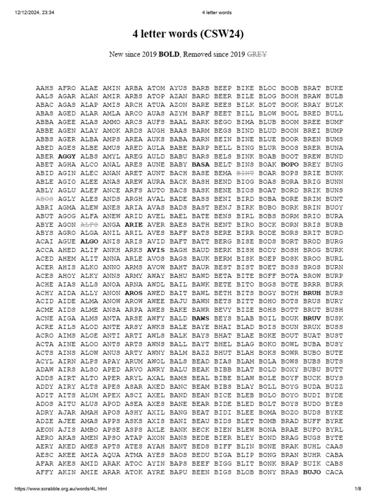CSW24 4-Letter Words List | PDF