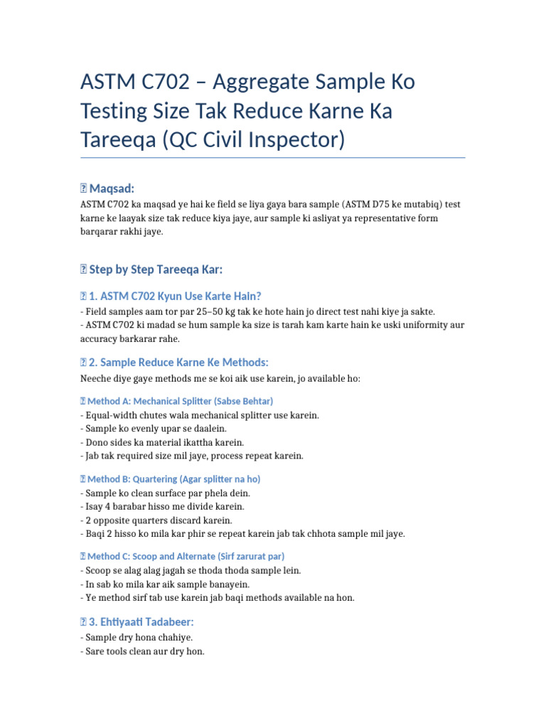 ASTM C702 Roman Urdu QC Procedure | PDF