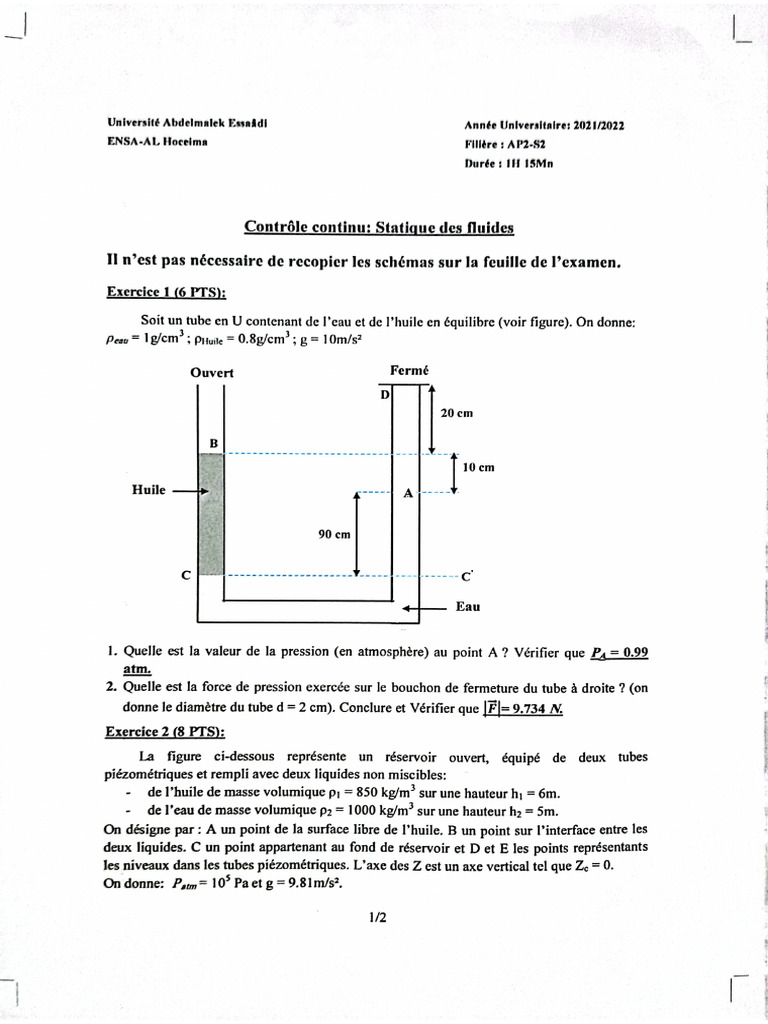 DS Statique Des Fluides 2021 - 2022 | PDF
