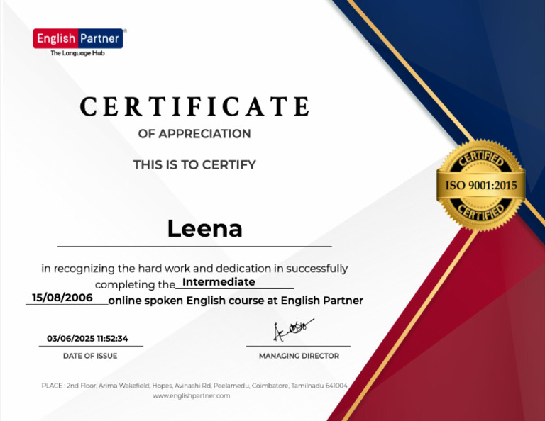 Leena Certificate 15 - 08 - 2006 | PDF