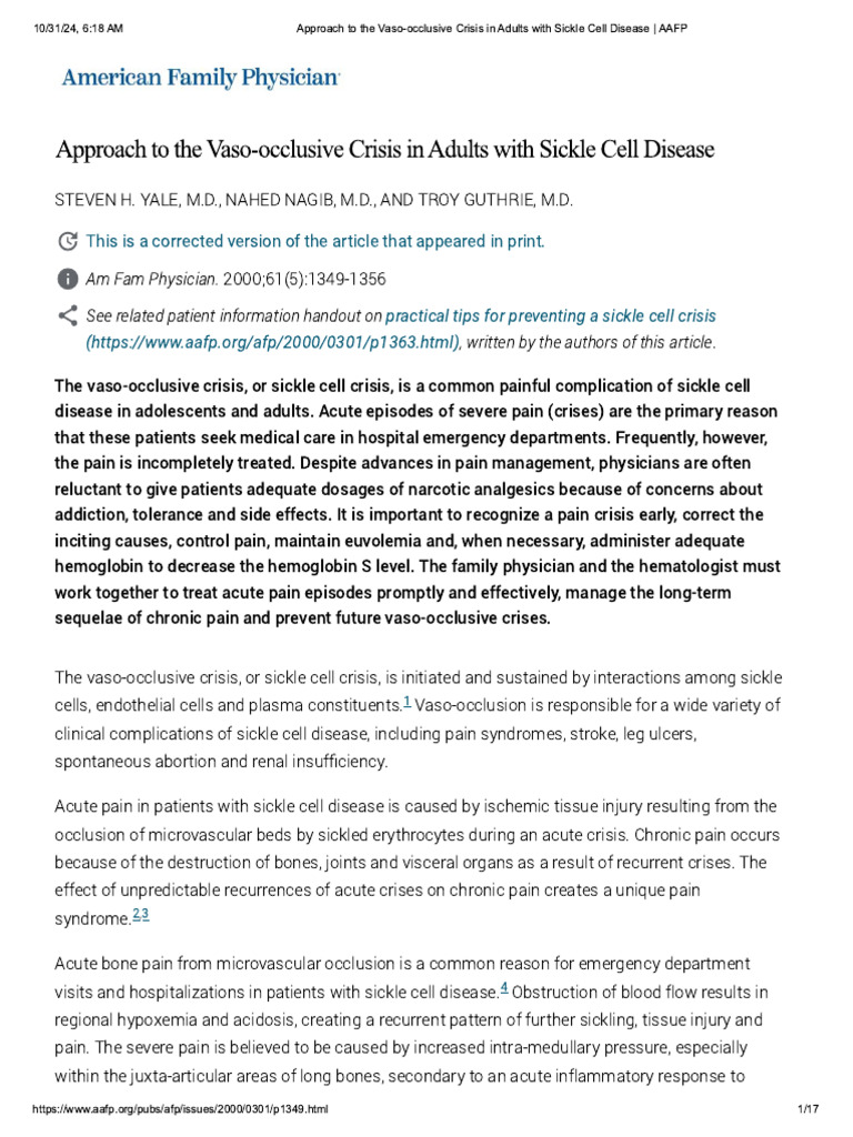 Approach To The Vaso-Occlusive Crisis in Adults With Sickle Cell Disease - AAFP | PDF