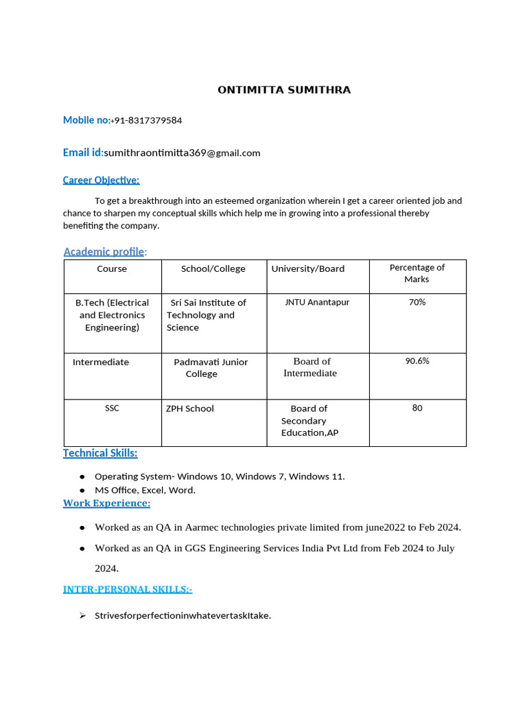 Electrical Engineer Resume of Sumithra | PDF