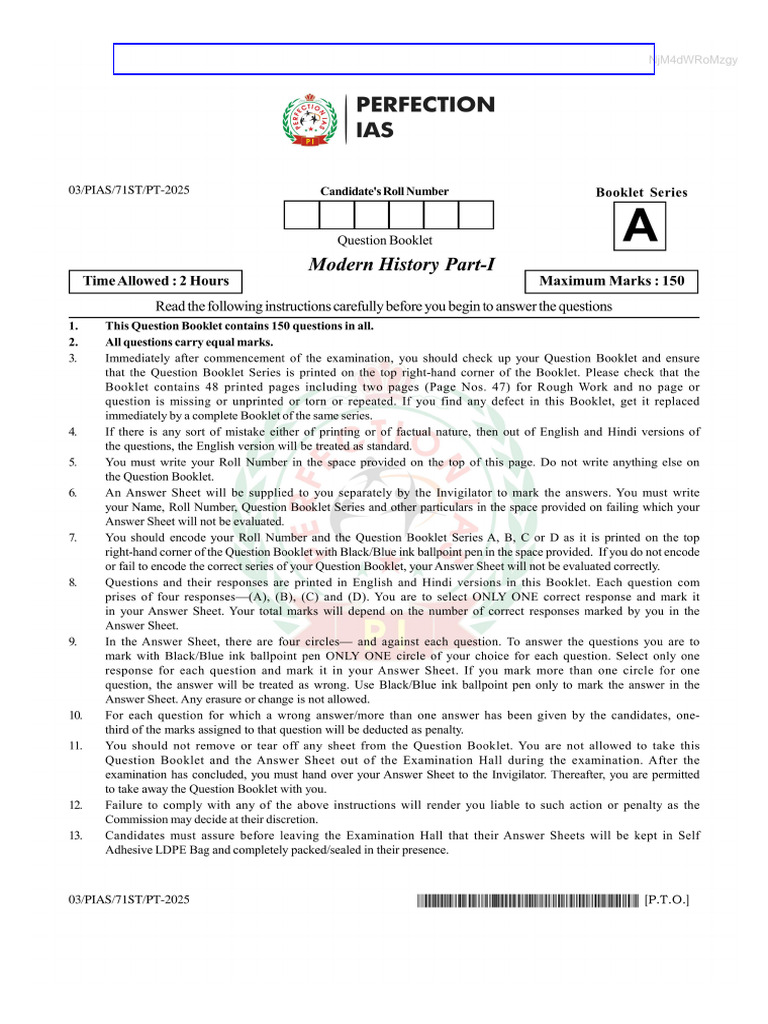 Perfection Ias Test - (03) Question Paper | PDF