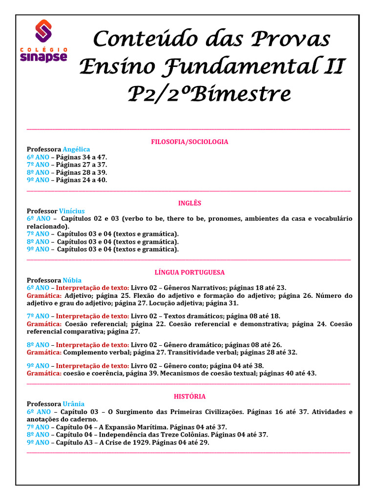 Conteúdos Das Provas - Ensino Fundamental Ii - 29-05-2025 - P2 B2 | PDF