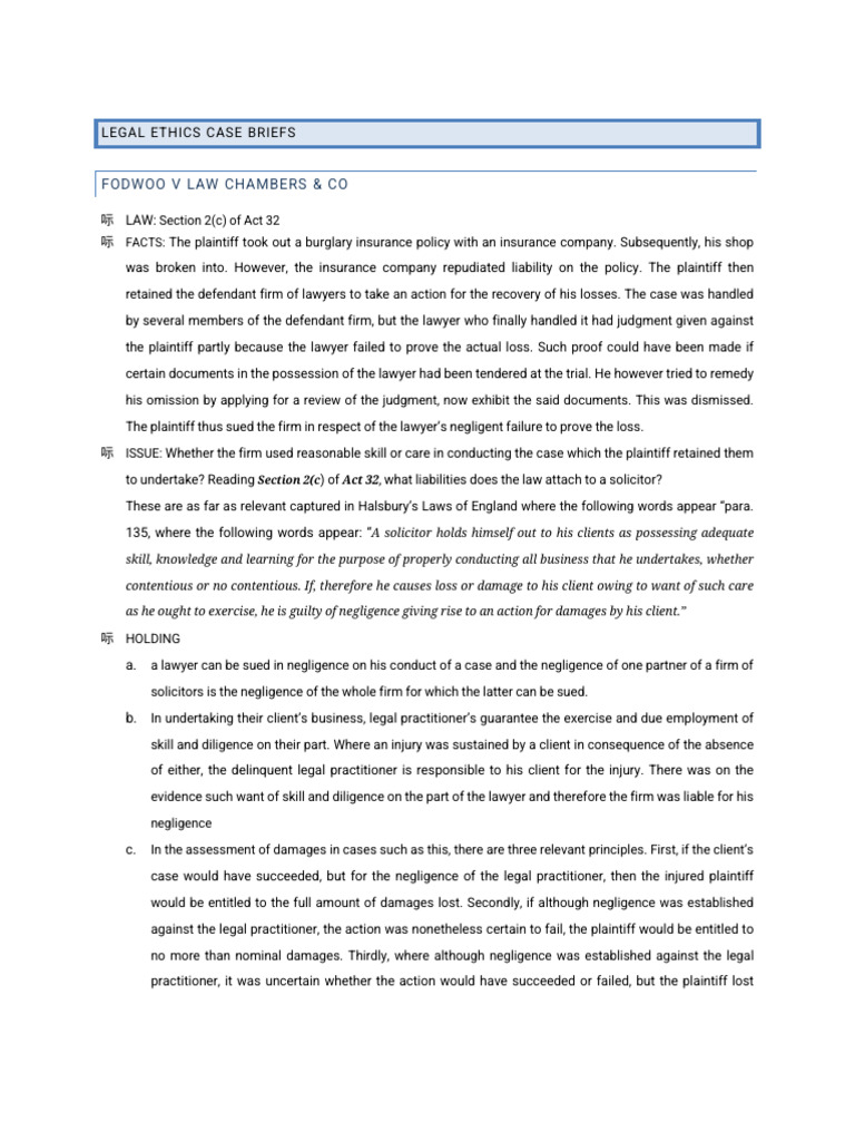 Legal Ethics Case Briefs Overview | PDF | Negligence | Lawsuit