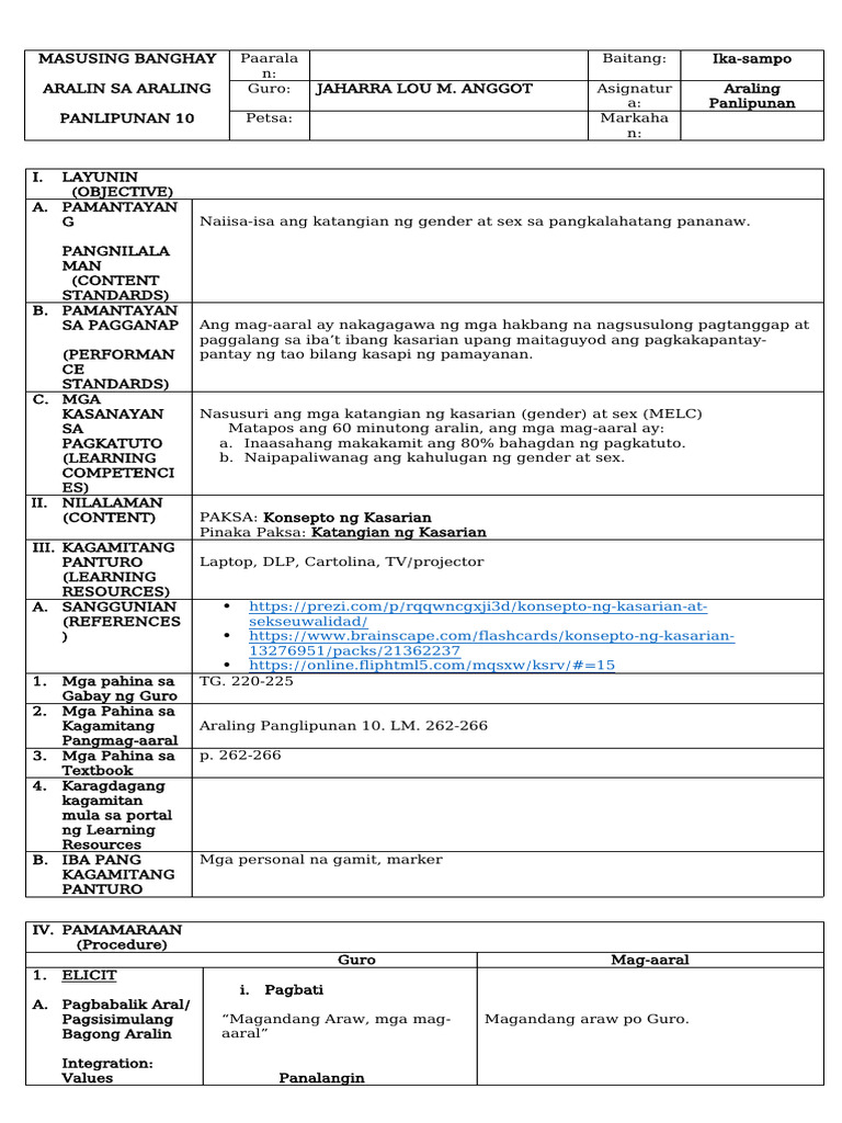 Konsepto NG Kasarian LESSON PLAN ARPAN-10 | PDF