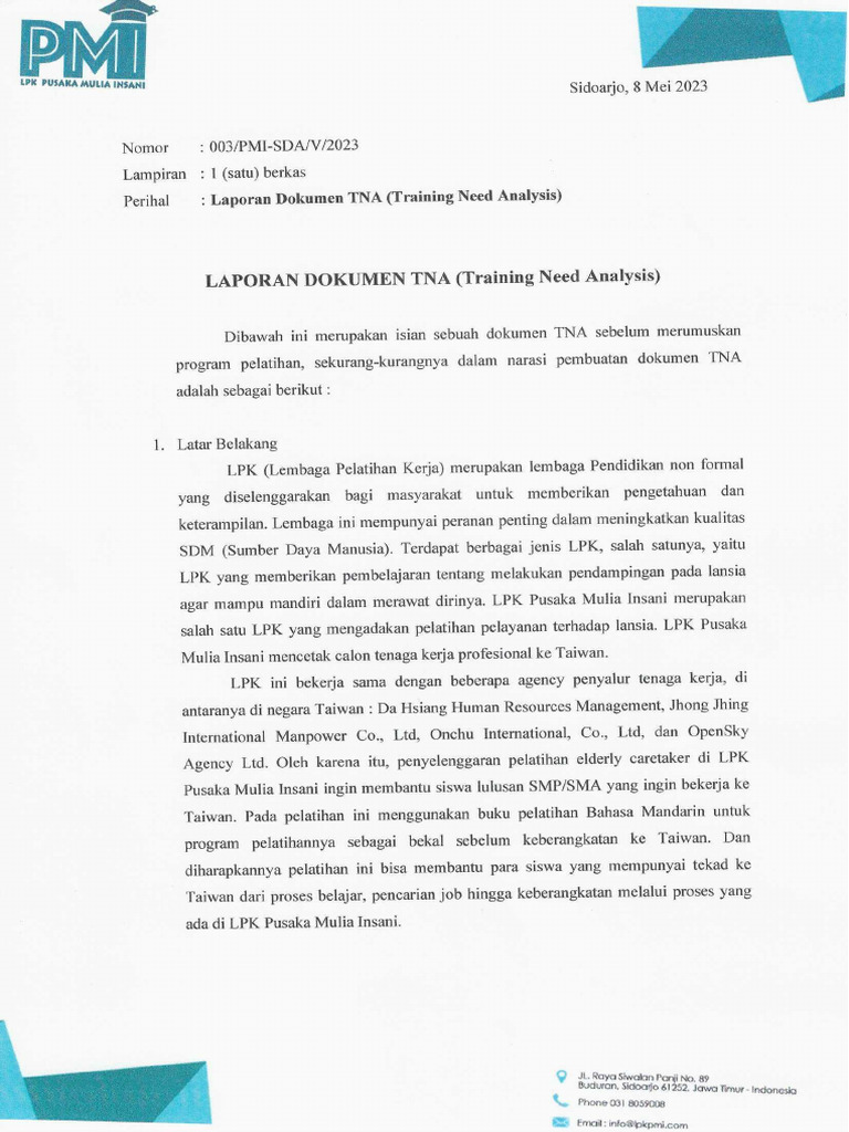 1.1 A Laporan TNA LPK Pusaka Mulia Insani | PDF