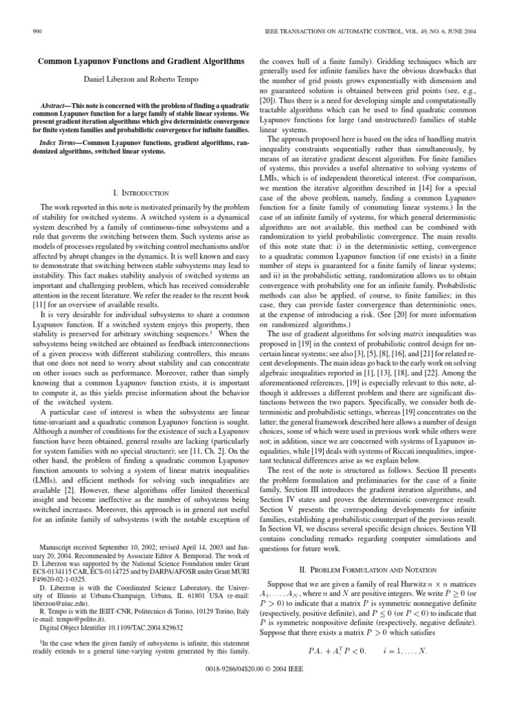 D. Liberzon and R Tempo 2004 Common Lyapunov Functions and Gradient ...