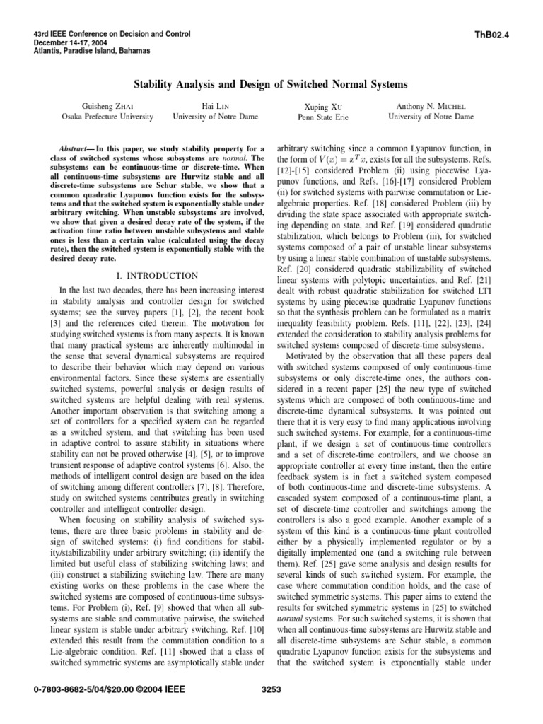 G. Zhai H. Lin X Xu A. N. Michel Stability Analysis and Design of Switched Normal Systems | PDF ...
