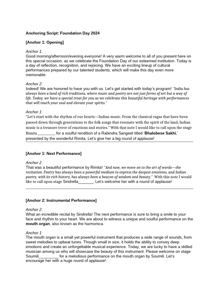 Anchoring Script - Foundation Day 2024 | PDF | Harmonica | Entertainment
