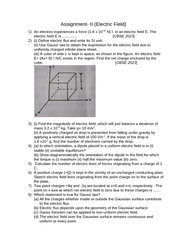 Assignment III (Electric Field) | PDF | Electric Field | Electromagnetism