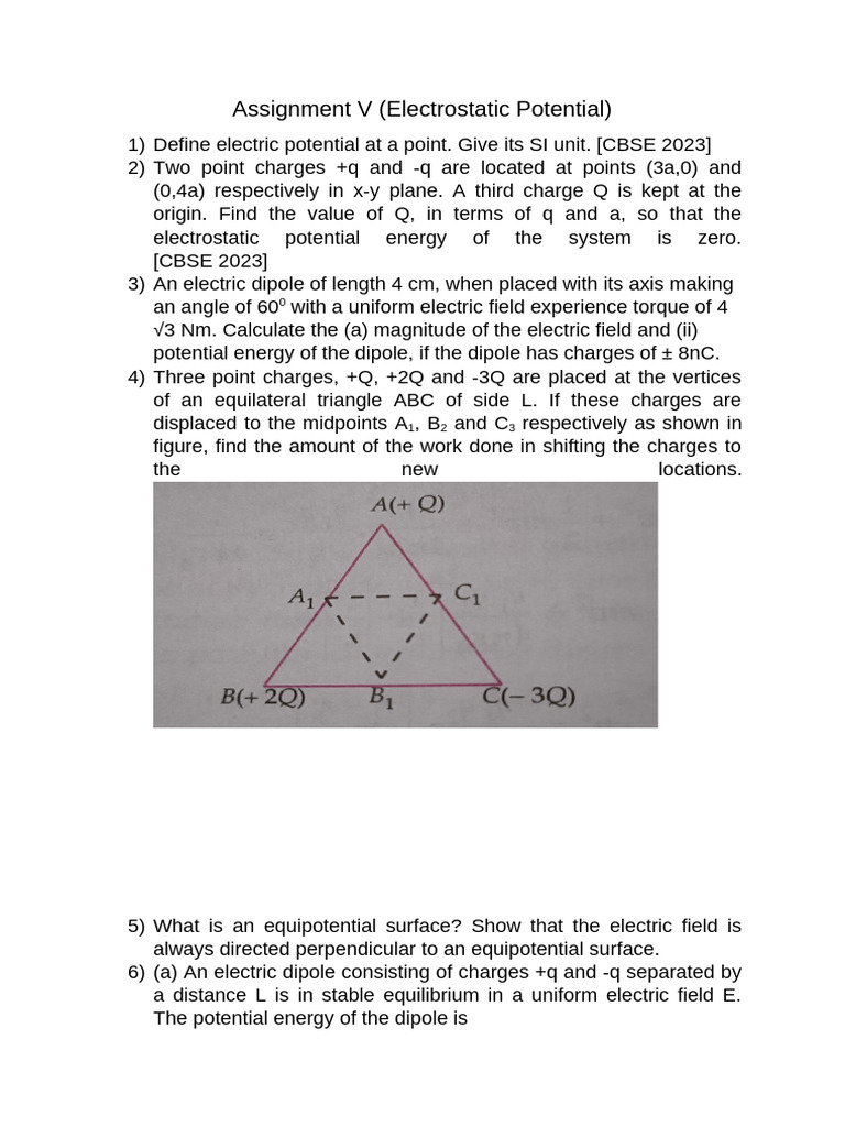 Assignment V (Electrostatic Potential) | PDF | Electric Field | Dipole