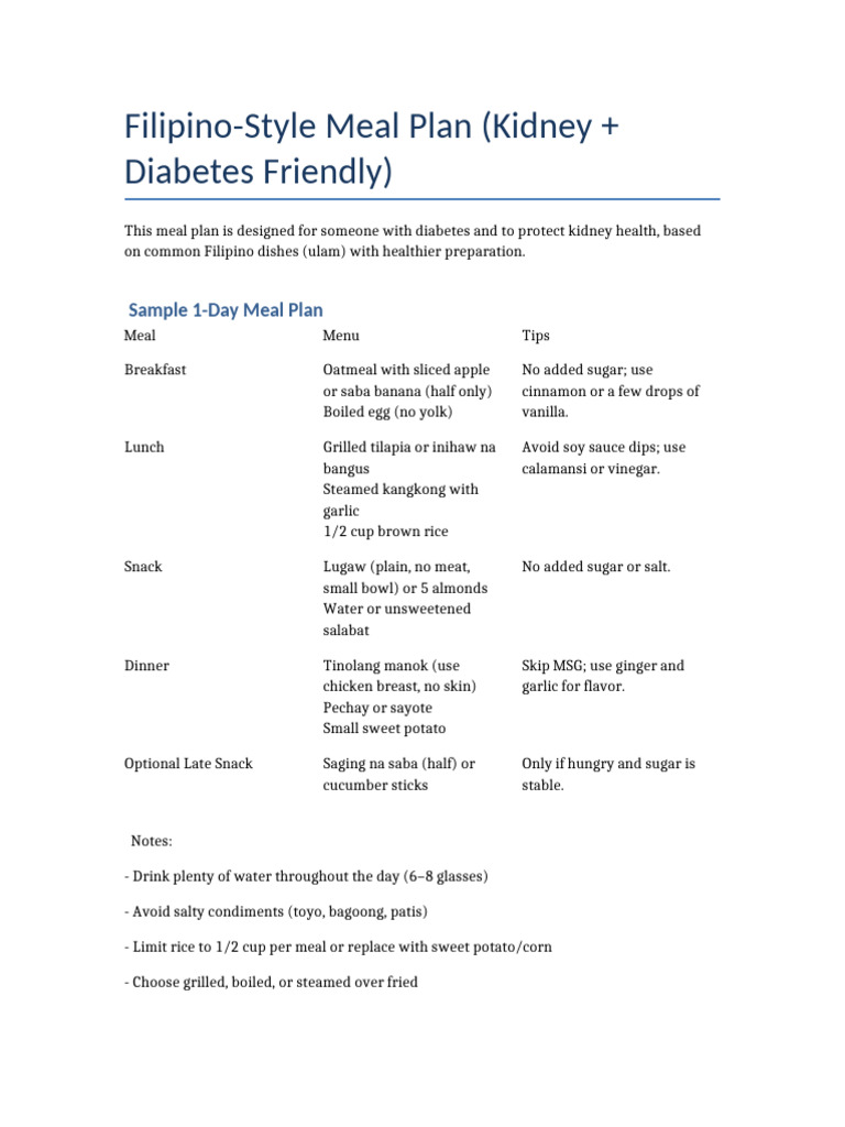 Filipino Kidney Diabetes Meal Plan | PDF