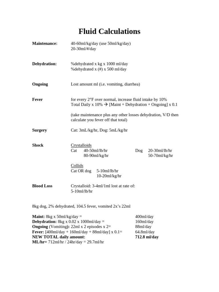 Fluid Calculations Cheat Sheet Handout | PDF