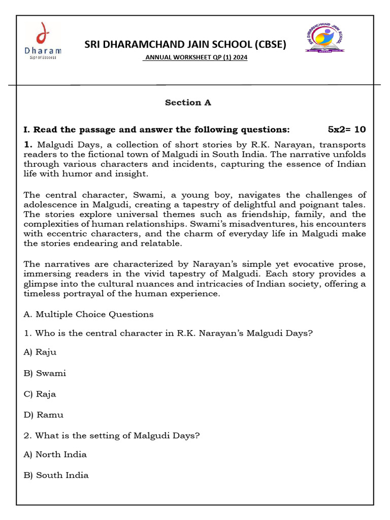 Sri Dharamchand Jain School (Cbse) : I. Read The Passage and Answer The ...