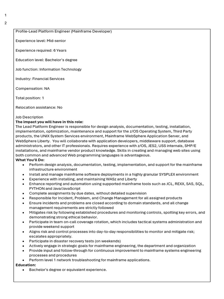 Lead Platform Engineer (Main Frame) | PDF | Computing | Software