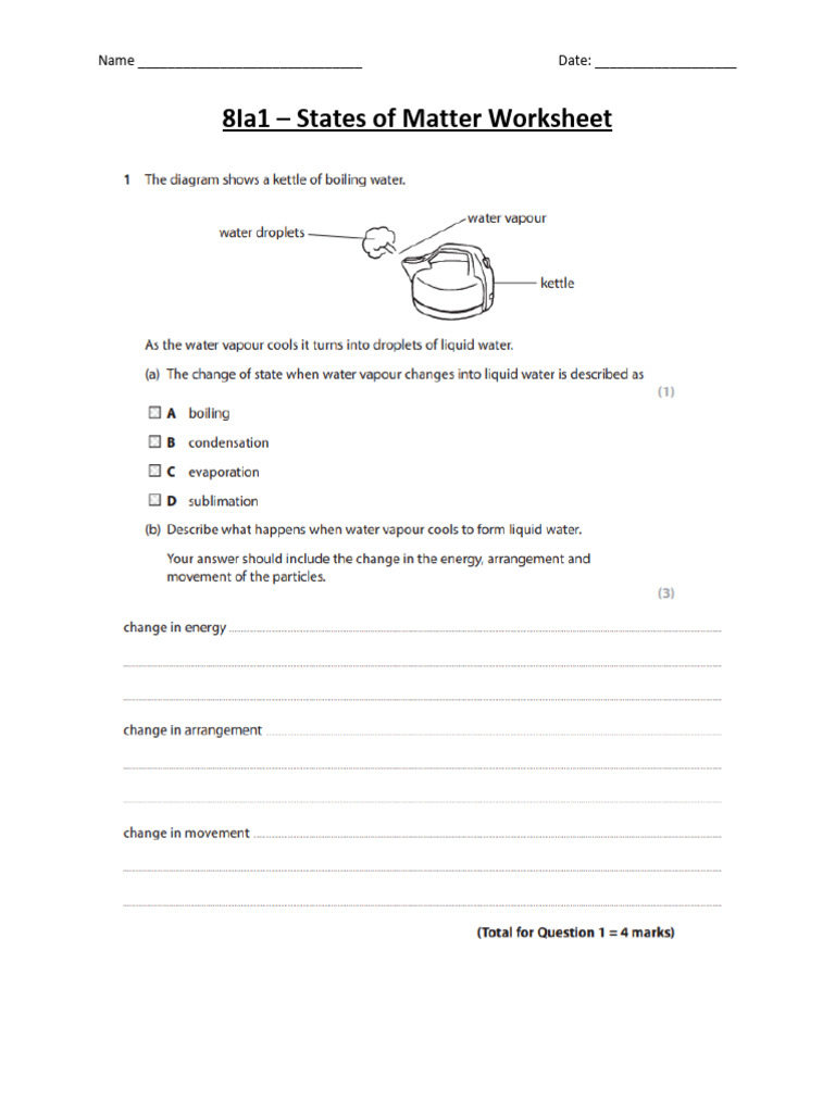 Year 8 - 8ia1 - Sates of Matter Worksheet | PDF