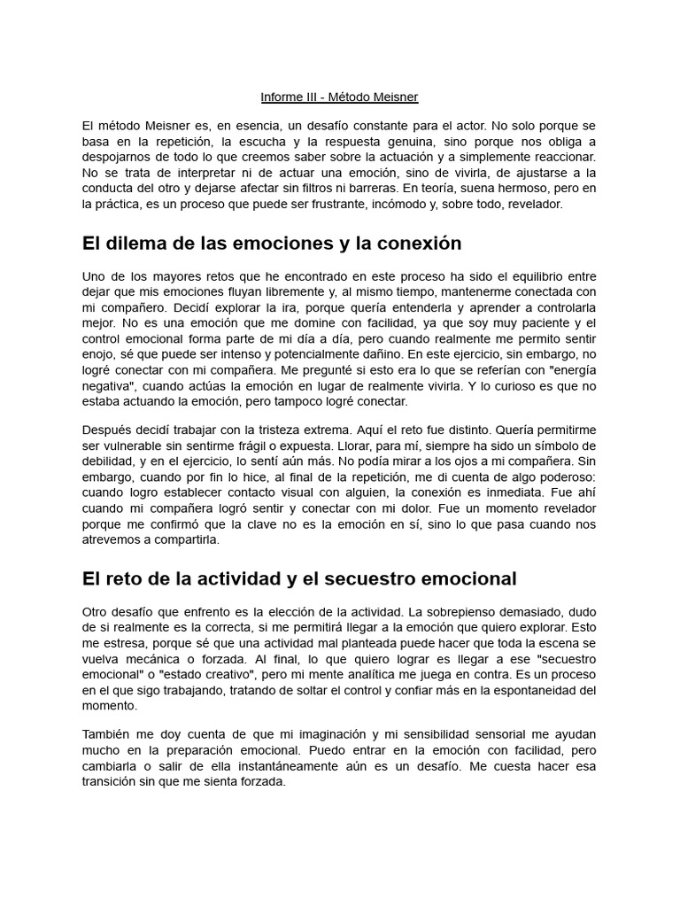 Informe 3 - Meisner - BelénCalle | PDF | Las emociones | Ira
