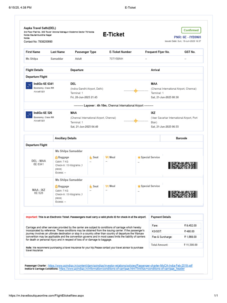 IYB9NH Del to Ixz 20 June 2025 Ms Shilpa Samaddar | PDF | Airlines | Transport