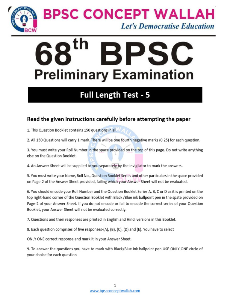Full Length Test - 5: Read The Given Instructions Carefully Before ...