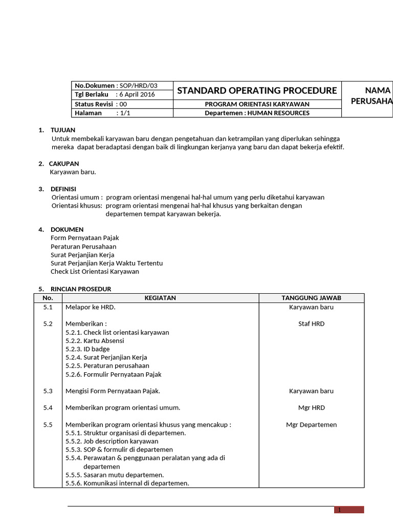 Contoh SOP Program Orientasi Karyawan | PDF