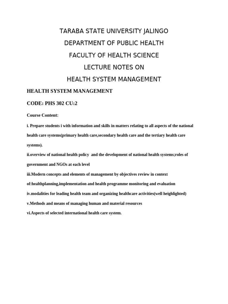 Health System Management Lecture Notes | PDF | Health Care | Goal