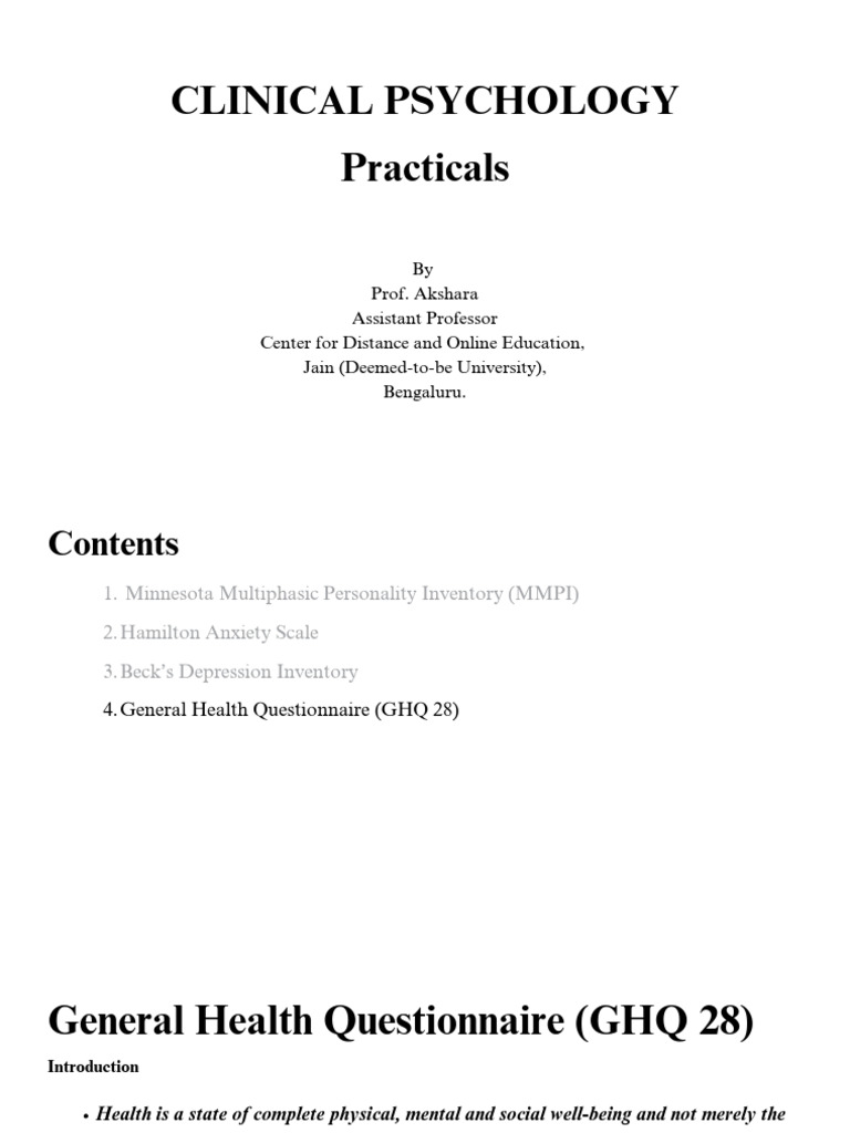 GHQ 28 - MSC SEM III - Clinical Psychology Practicals | PDF | Mental Health | Major Depressive ...