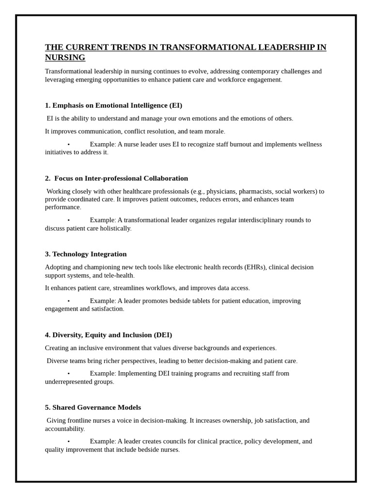 The Current Trends in Transformational Leadership in Nursing | PDF | Nursing | Leadership