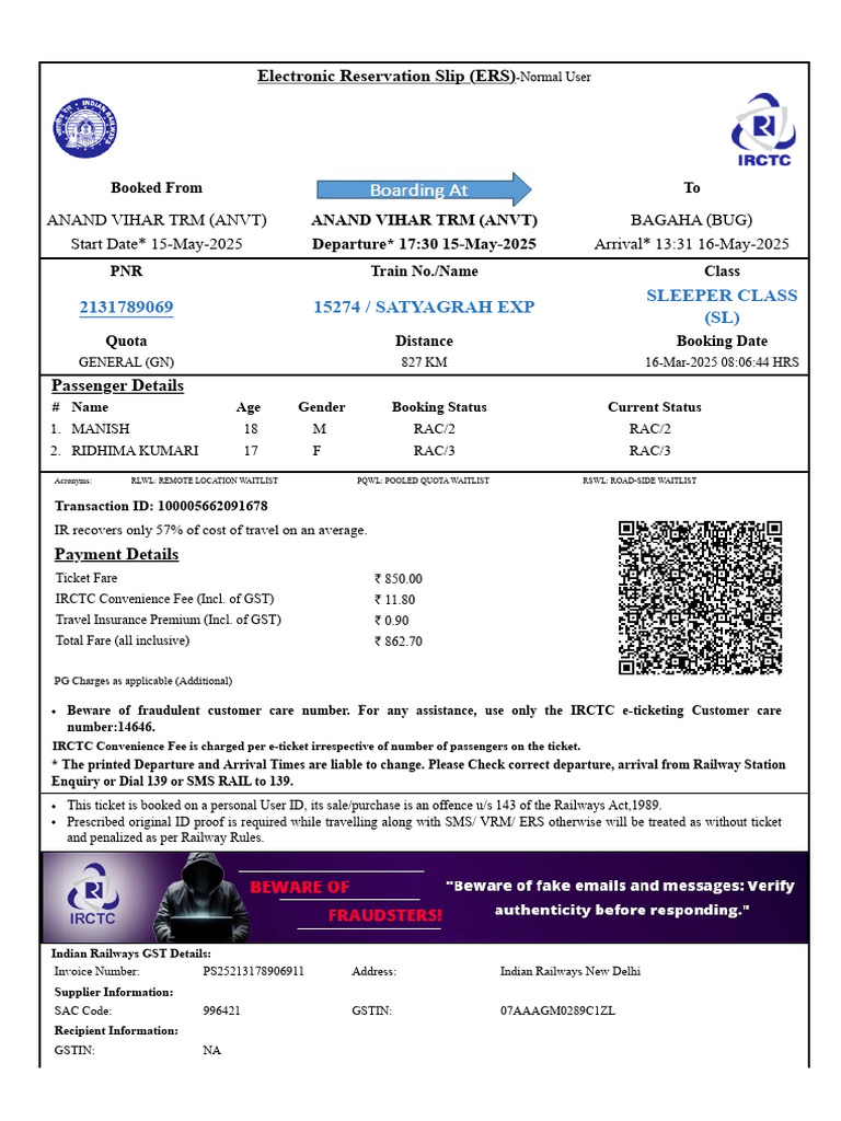 Anand Vihar To Bagaha 15may | PDF | Identity Document | Payments