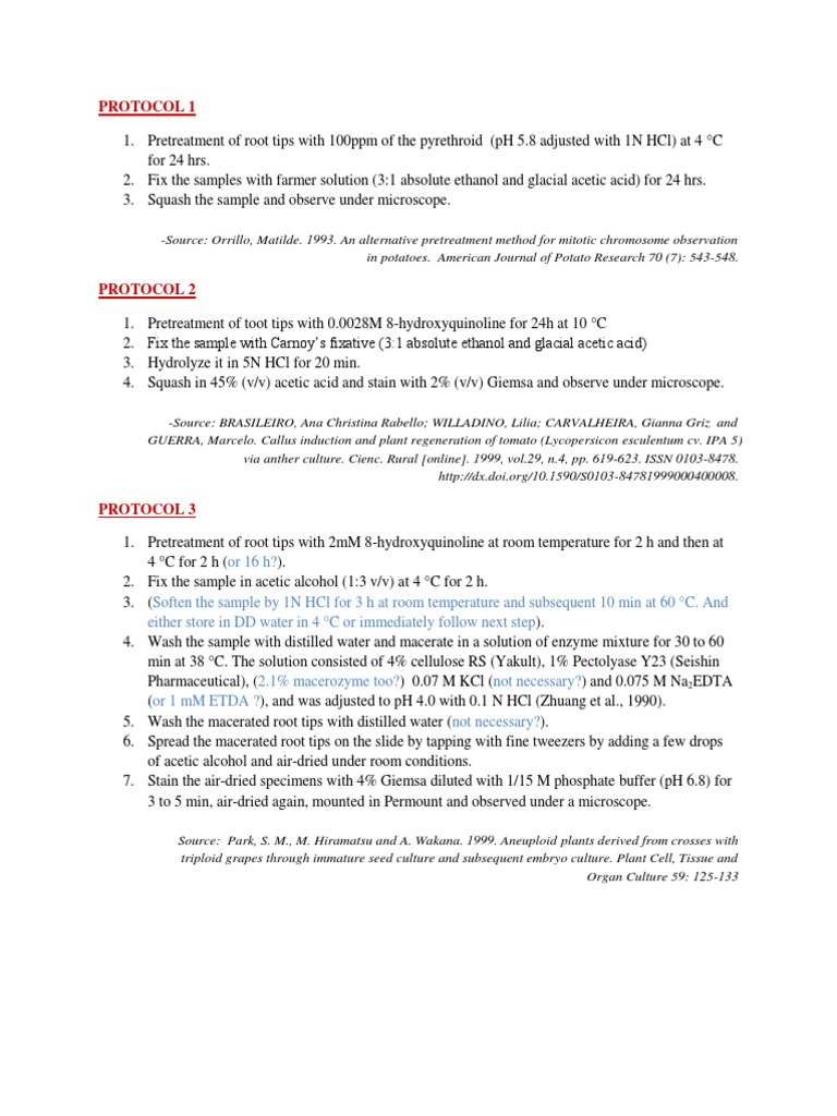 Root tip chromosome prep protocols | PDF | Staining | Fixation (Histology)