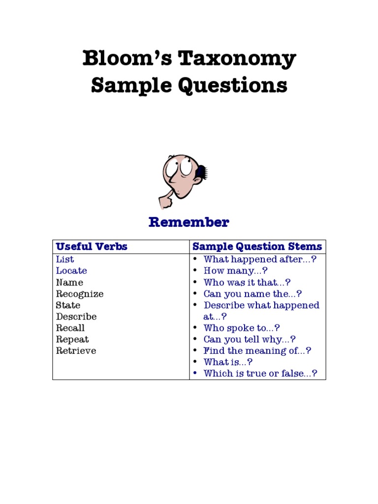 Bloom's Taxonomy Sample Questions: Remember | PDF | Cognitive Science ...