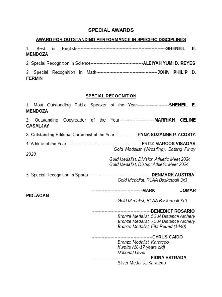 Special Awardees Recognition List | PDF