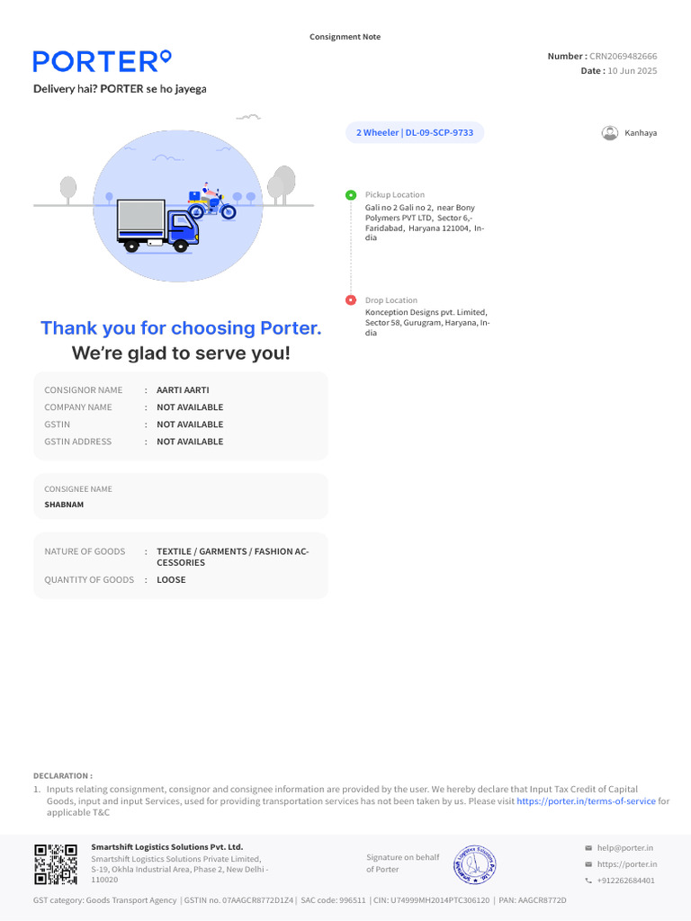 Porter Consignment Note (CRN2069482666) - 1 | PDF