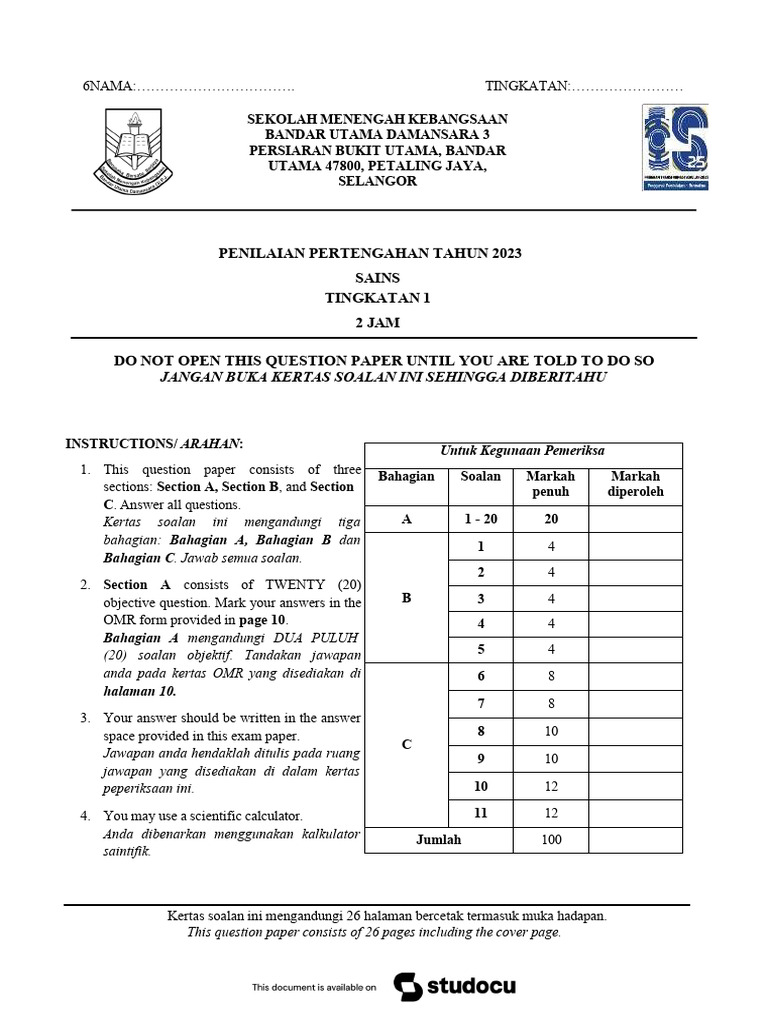 Science Form 1 Midterm Assessment 2023 Question Paper | PDF