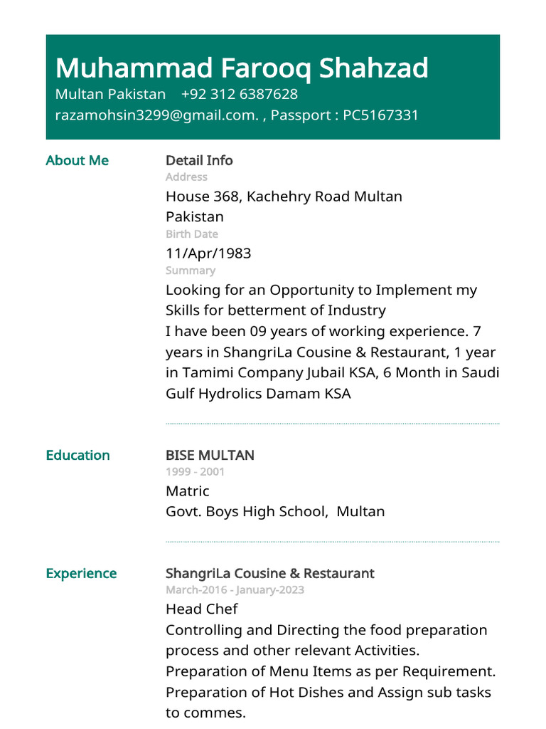 Farooq Chef CV Updated - 1749978109 | PDF
