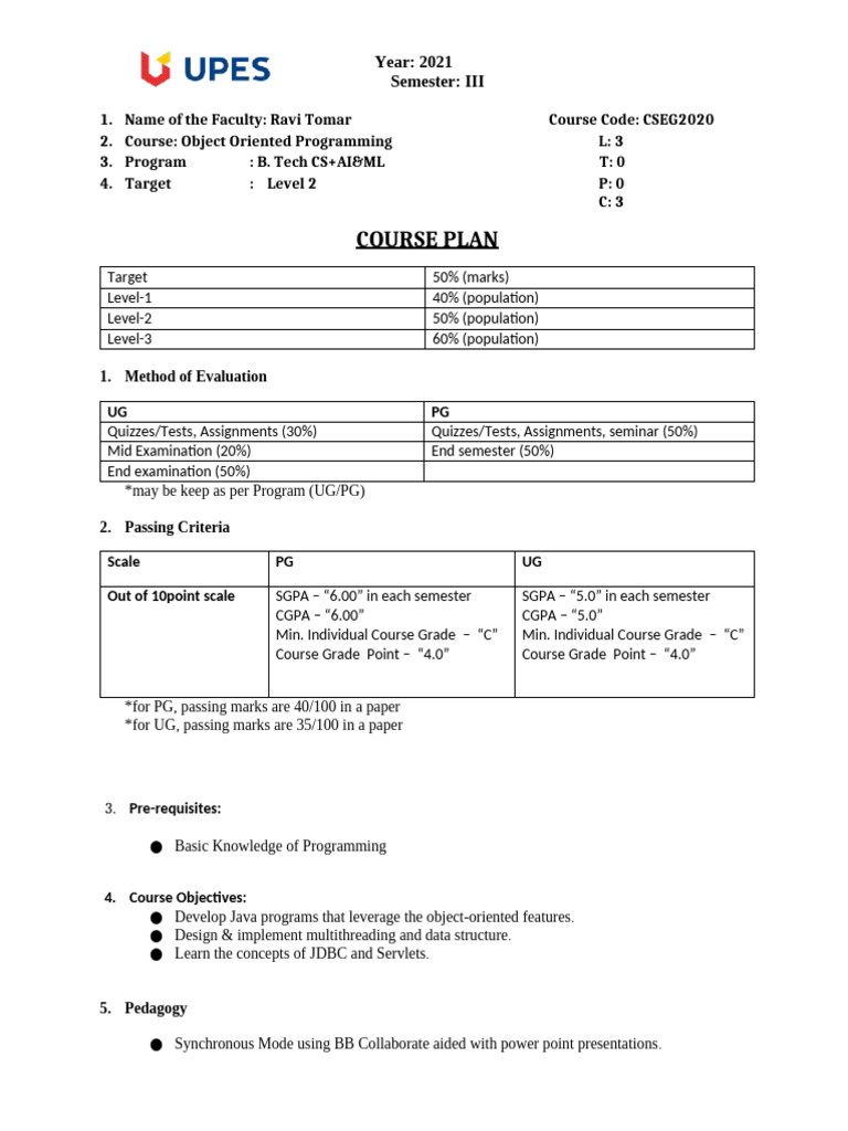 Object Oriented Programming Course Plan | PDF | Class (Computer ...