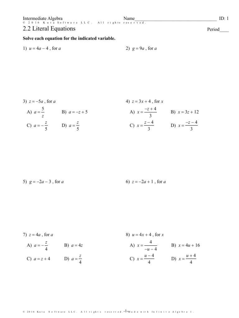 2.2 Literal Equations Worksheet | PDF | Equations | Elementary Mathematics
