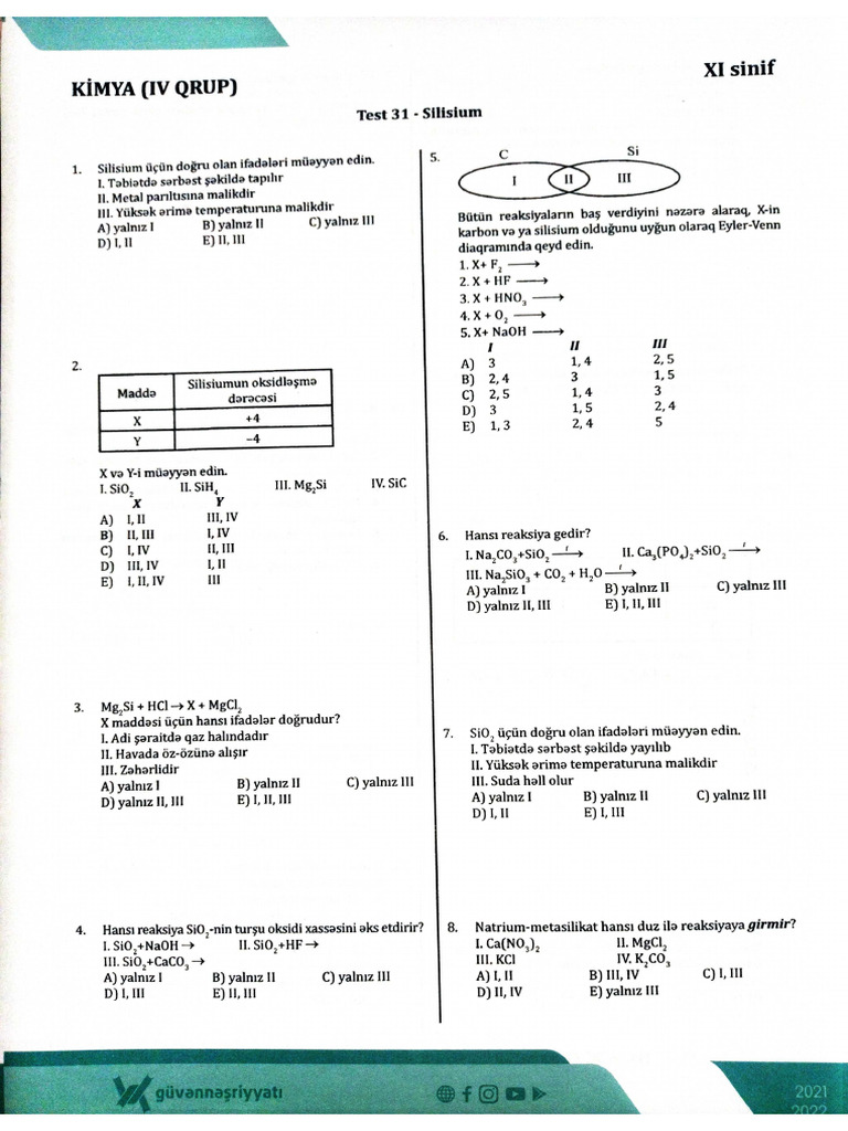 4-Cü Qrup. Quiz 31. Silisium | PDF